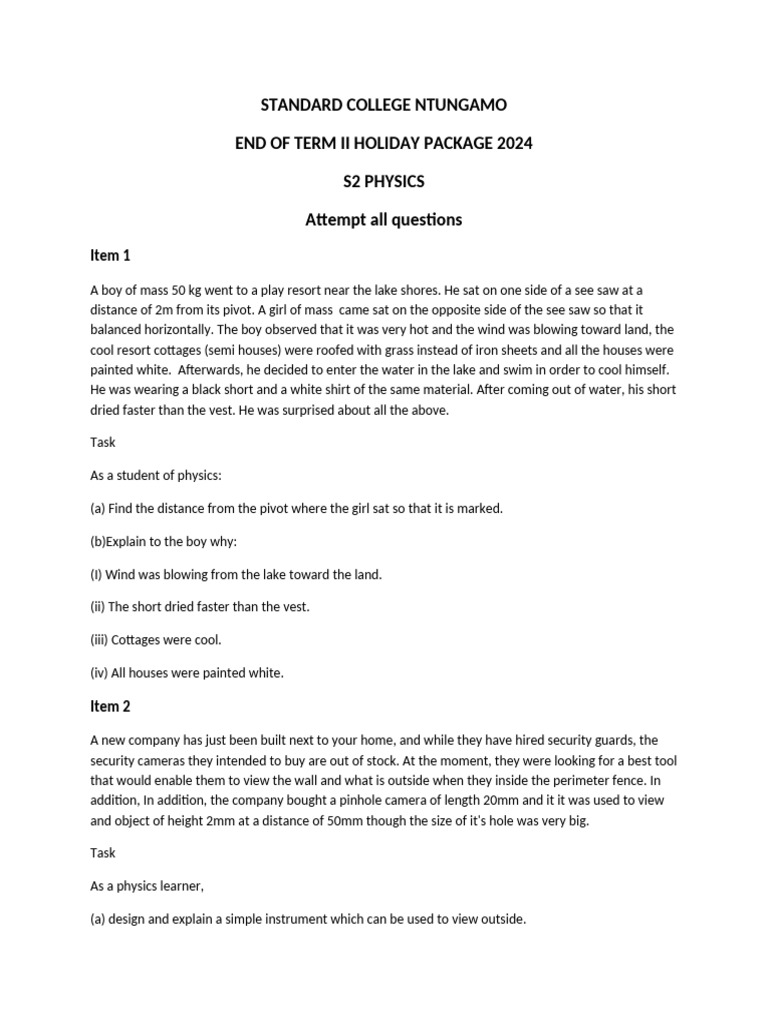 S2 Physics EOT II 2024-1 | PDF