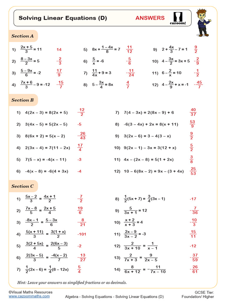 Cazoom Maths. Solving Equations. Solving Linear Equations (D) - Answers ...