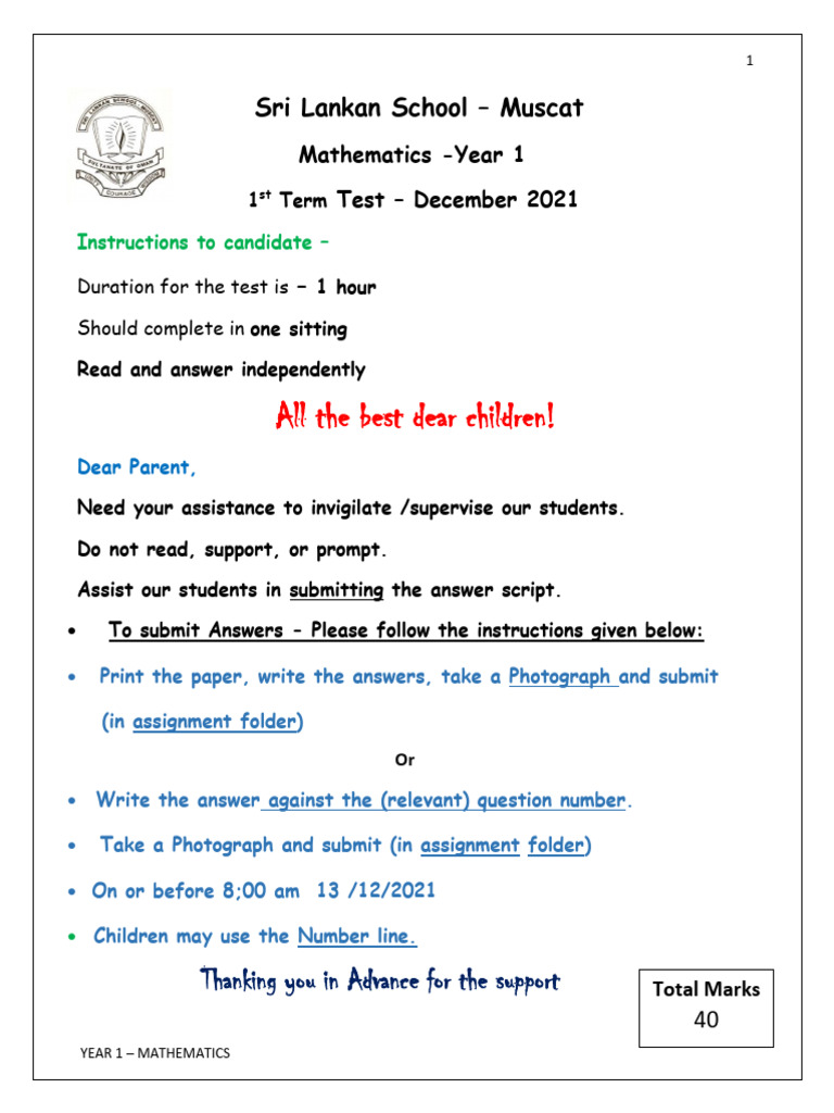 Mathematics Year1-First Term Test 2021-2022 (1) | PDF | Mathematics