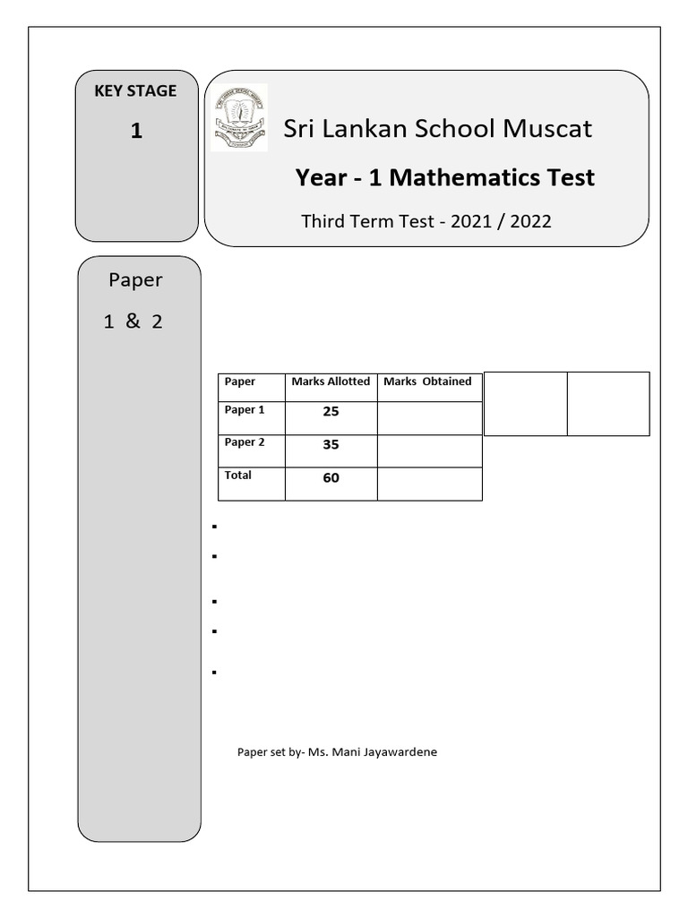 Mathematics Year1 3rd Term Test 2021 2022 | PDF