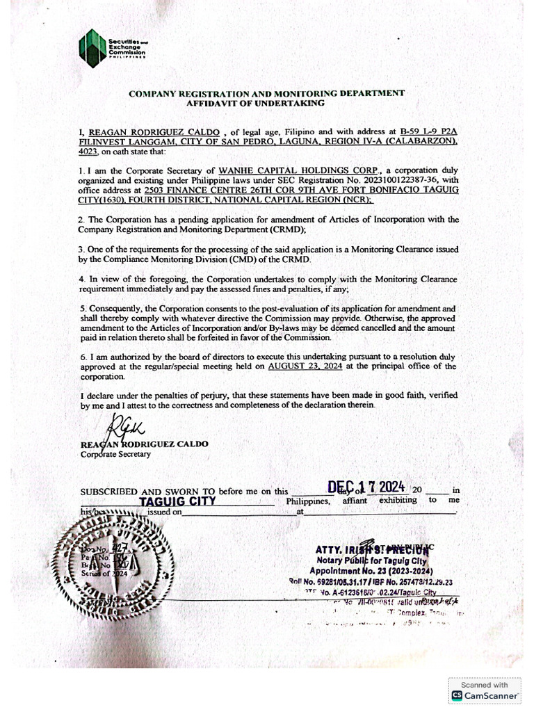 Affidavit of Undertaking | PDF