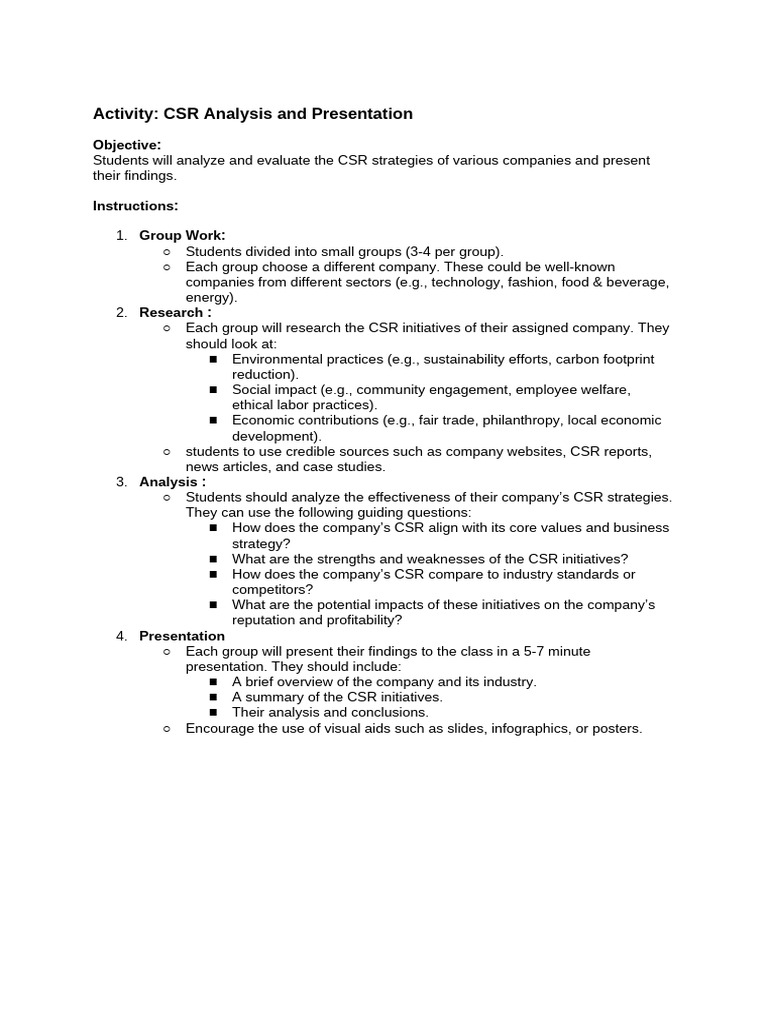 Activity CSR Analysis and Presentation | PDF