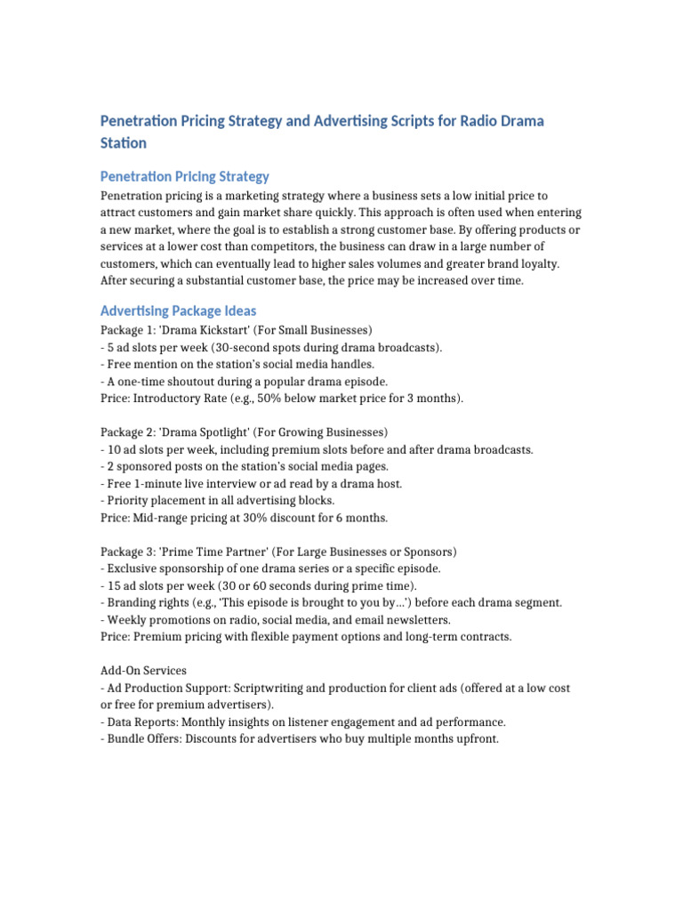 Penetration Pricing and Radio Ad Scripts | PDF | Pricing | Advertising