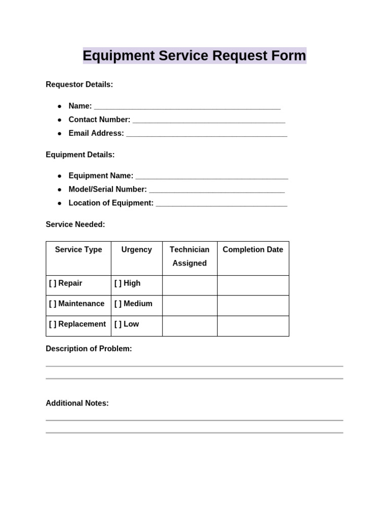 Equipment Service Request Form | PDF