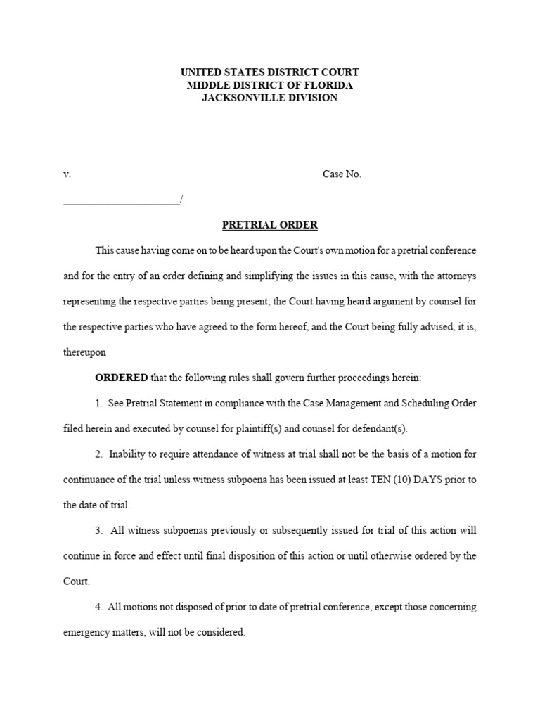 Schlesinger Pretrial Order Jury | PDF | Discovery (Law) | Continuance