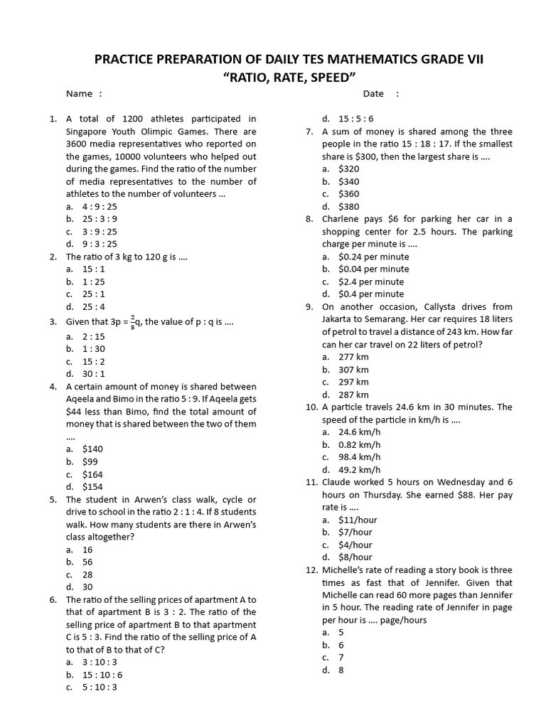 Practice Preparation of Daily Test Mathematics Grade Vii | PDF | Speed