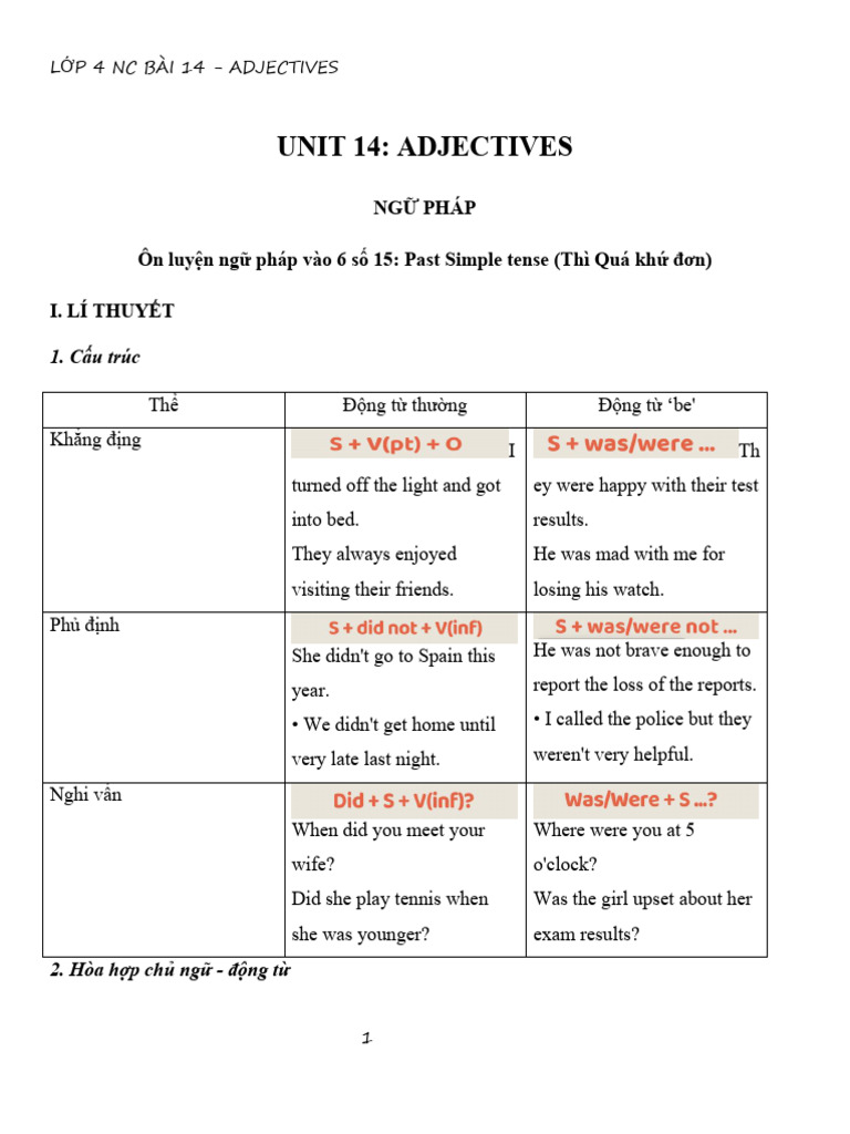 Lop 4 NC Bai 14 - Adjectives | PDF | Verb