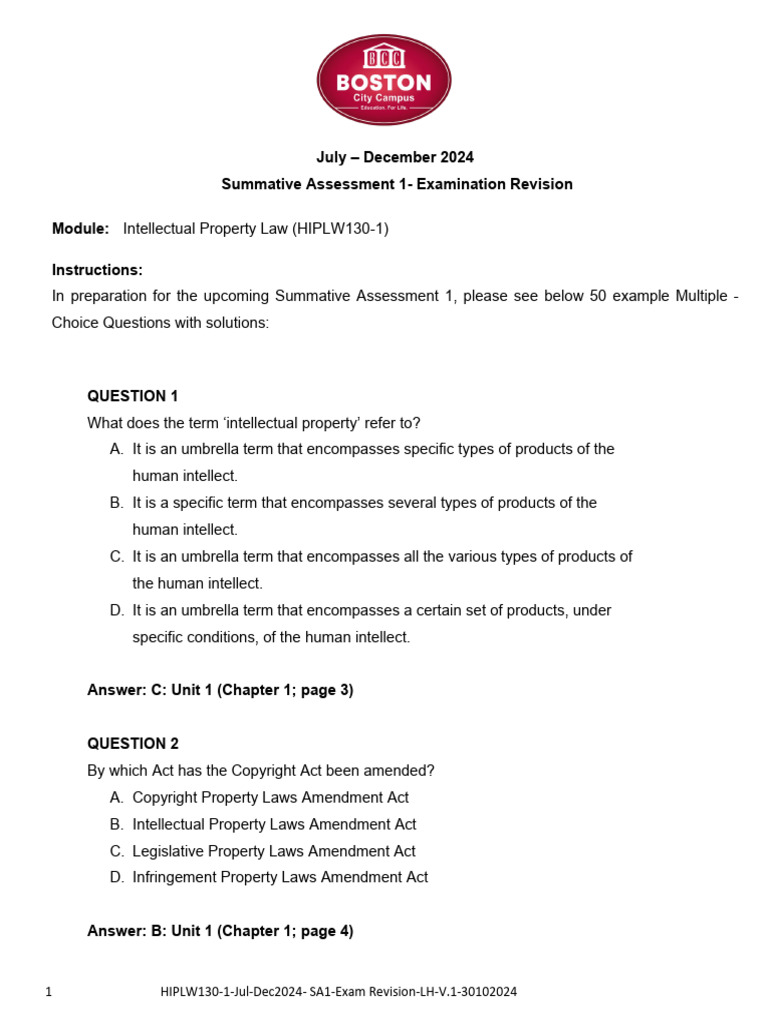 Online MCQ SA1 Exam Scope Revision Questions-HIPLW130-1 | PDF | Assignment (Law) | Intellectual ...