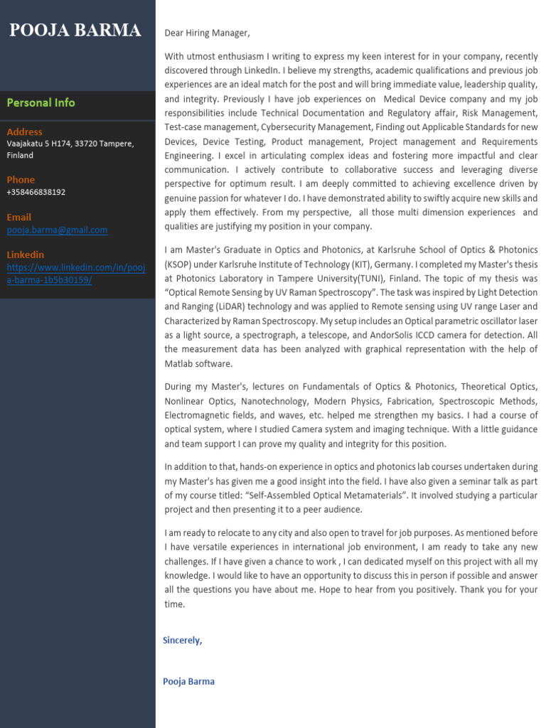 Cover Letter Pooja Barma | PDF | Photonics | Optics
