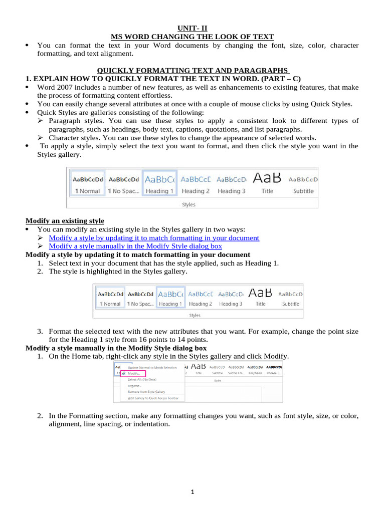 MS UNIT II PRINT | PDF | Microsoft Word | Paragraph