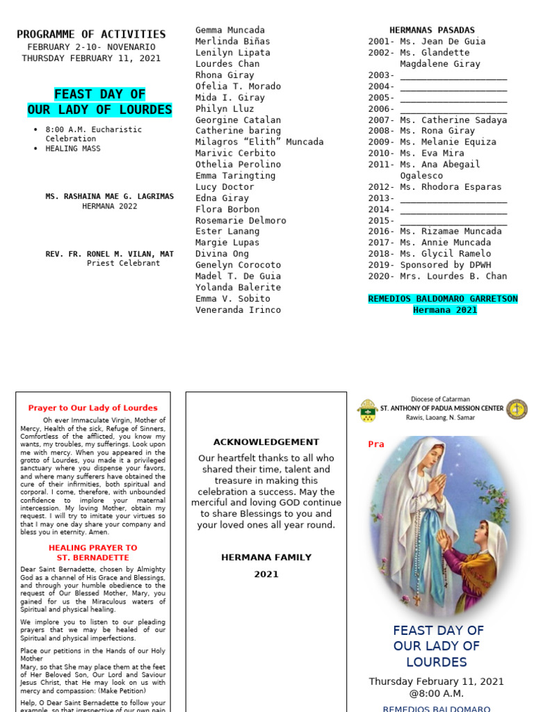 Programme of Activities For Lourdes 2021 | PDF | Mary, Mother Of Jesus ...