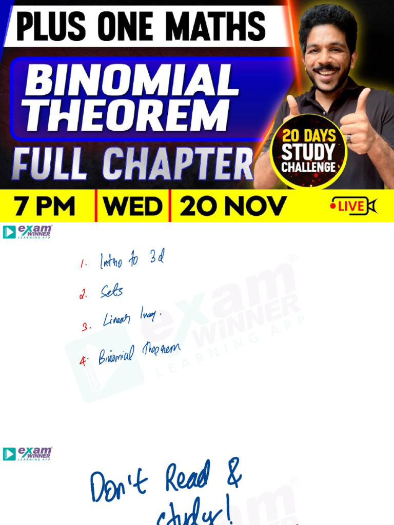 Exam Winner Plus One Maths Binomial Theorem Oneshot 20 Days Study ...
