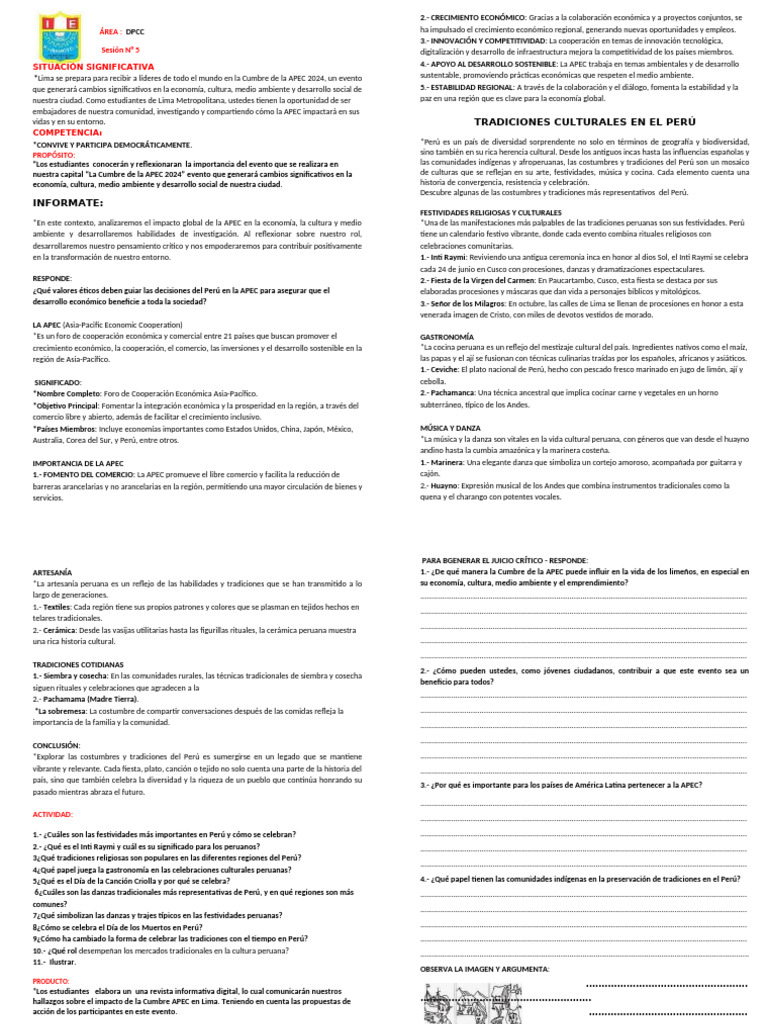 Sesión 5 - Tradiciones Culturales en El Perú - 1ero -DPCC- (VII) 2024 | PDF | Perú | Cooperacion ...