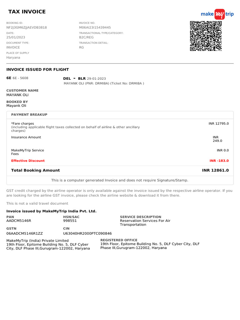 BOOKING INVOICE M06AI23I15439445-test | PDF | Invoice | Payments