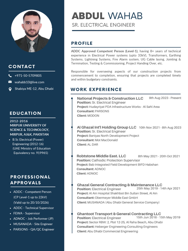 ABDUL WAHAB (Sr. Electrical Engineer) CV & Docs | PDF | Electricity