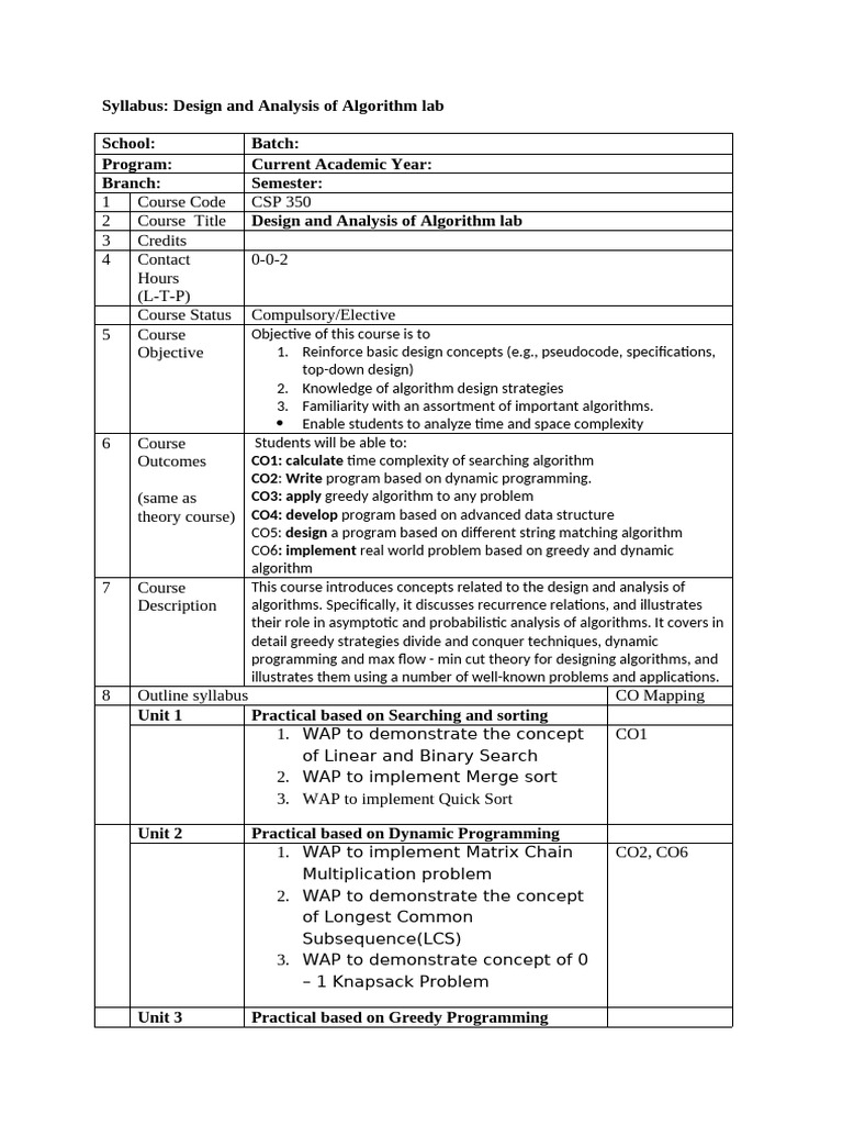 CSP350 - Design and Analysis of Algorithm Lab | PDF | Algorithms ...