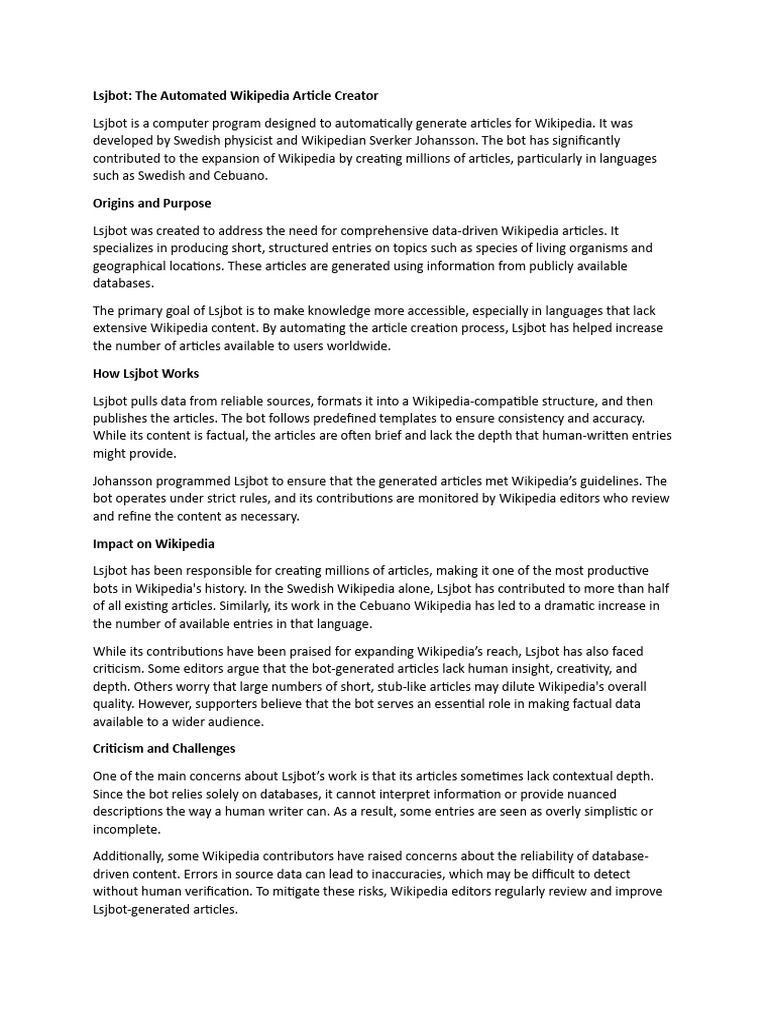 Lsjbot: Revolutionizing Wikipedia Content | PDF | Wikipedia | Computing