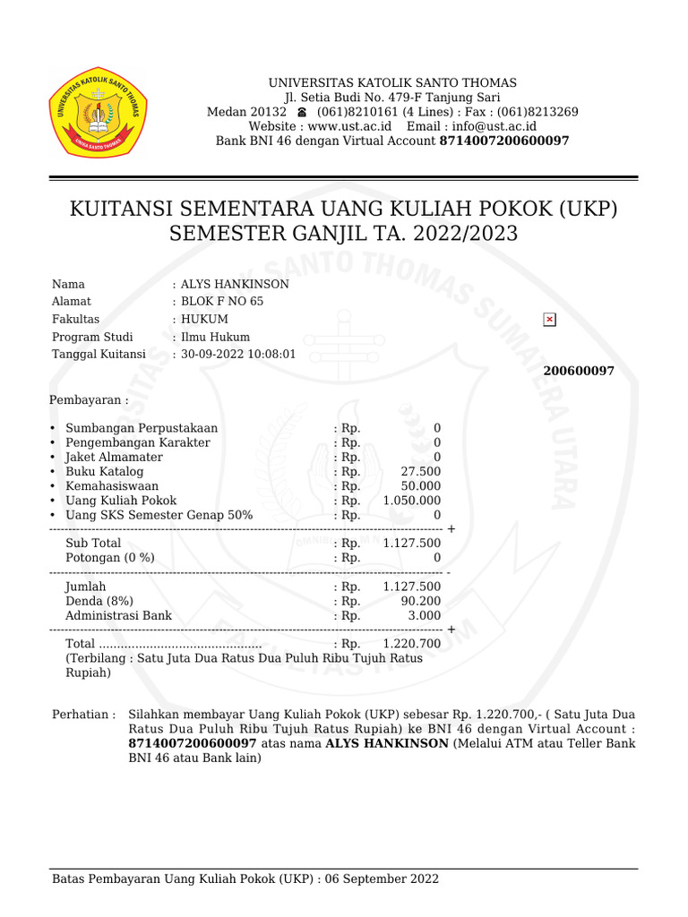 Kuitansi Sementara Uang Kuliah Pokok (Ukp) SEMESTER GANJIL TA. 2022/2023 | PDF