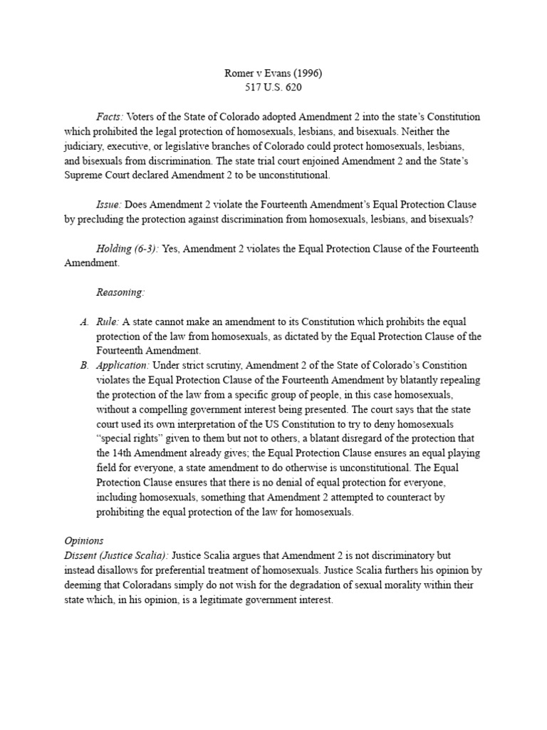 ROMER v. EVANS (1996) Case Brief | PDF