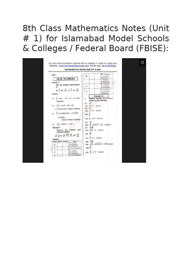 8th Class Mathematics Notes Unit 1 | PDF