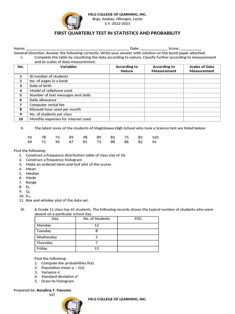Statistics Test for Grade 11 Students | PDF | Statistics | Variance