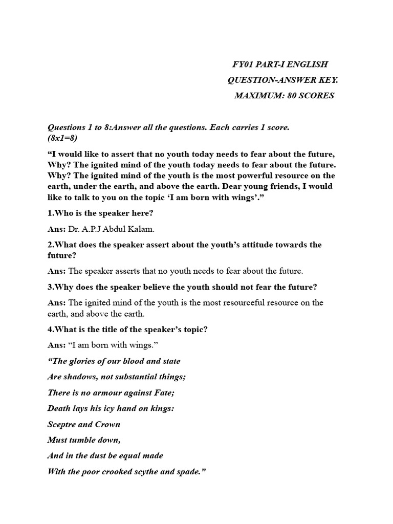 FY01 Part-I English Question-Answer Key | PDF | Nonviolence | Stephen ...