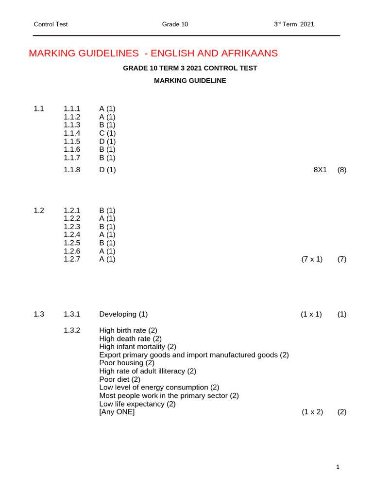 MARKING GUIDELINES Grade 10 Eng& Afri | PDF | Urbanization | Economies