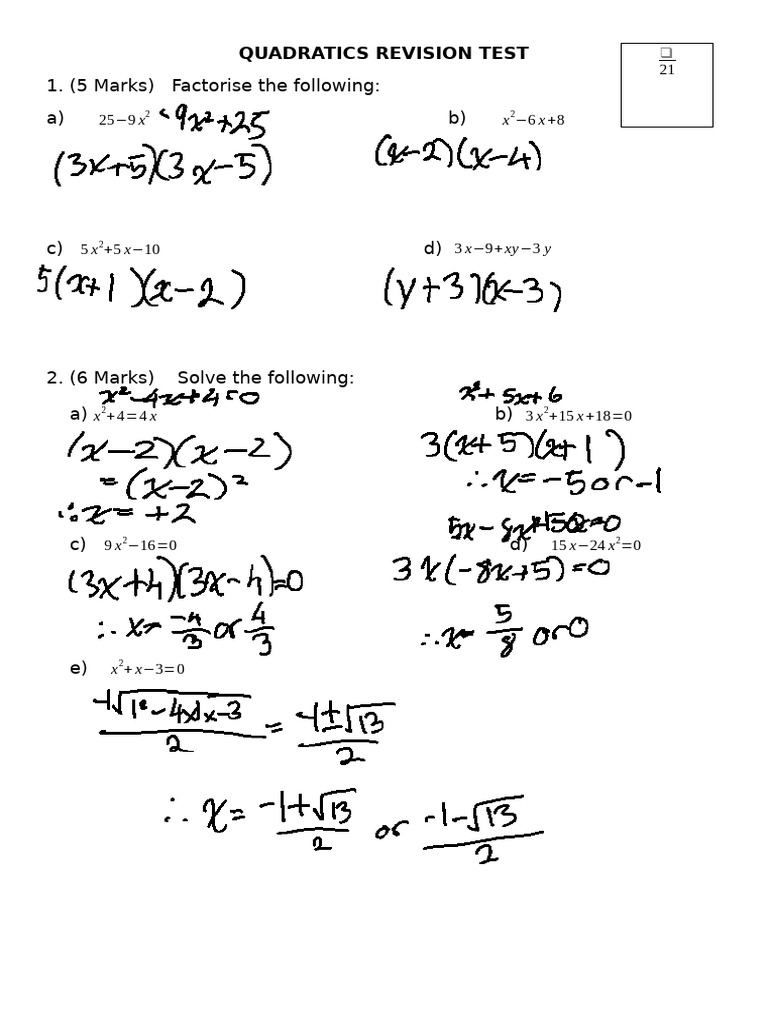 Quadratics Revision Test Questions | PDF