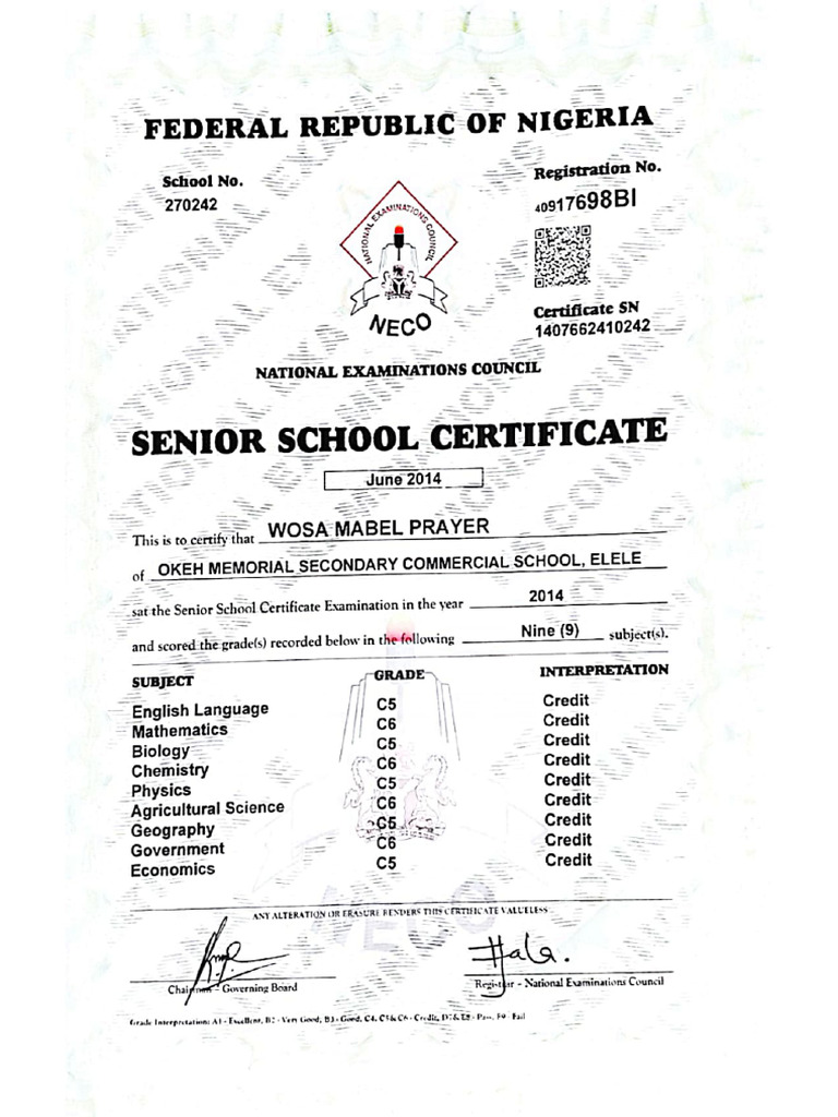 Neco Certificate | PDF