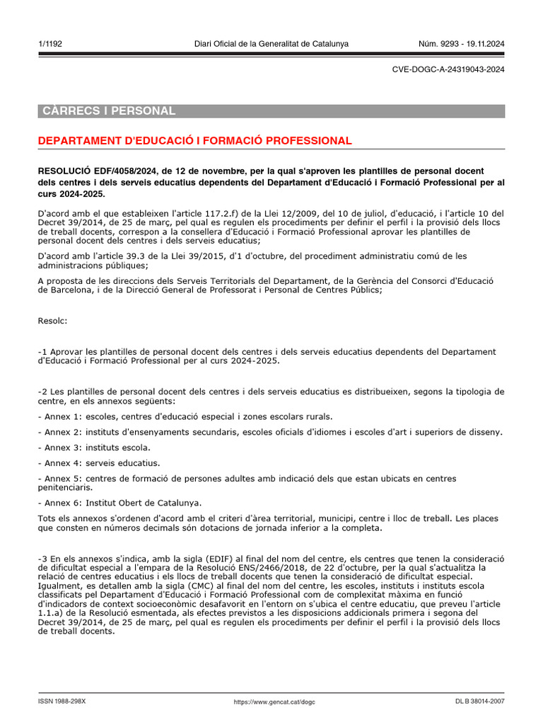 Càrrecs I Personal: Departament D'Educació I Formació Professional | PDF