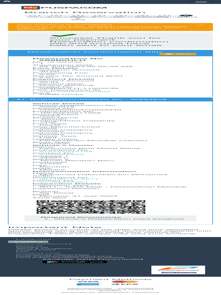 Vehicle Inspection Booking Confirmation | PDF