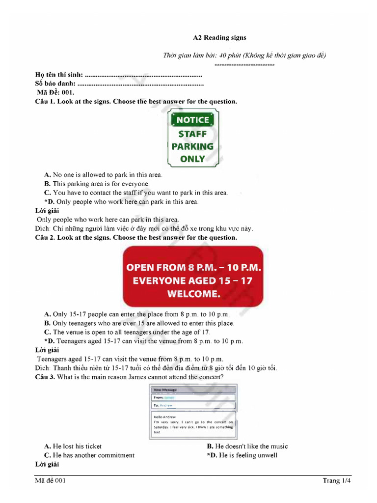 GV A2 Reading Signs Key | PDF