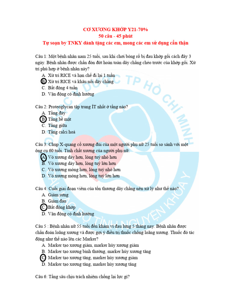 Cơ Xương Khớp Y21-70% 50 câu - 45 phút Tự soạn by TNKY dành tặng các em, mong các em sử dụng cẩn ...
