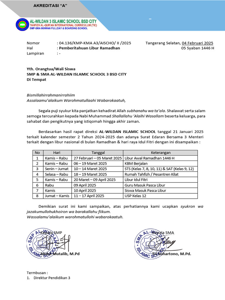 SURAT PEMBERITAHUAN LIBUR RAMADHAN Siswa | PDF