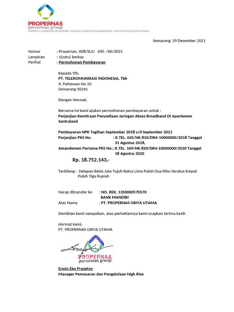 Surat Permohonan Pembayaran Sentraland | PDF