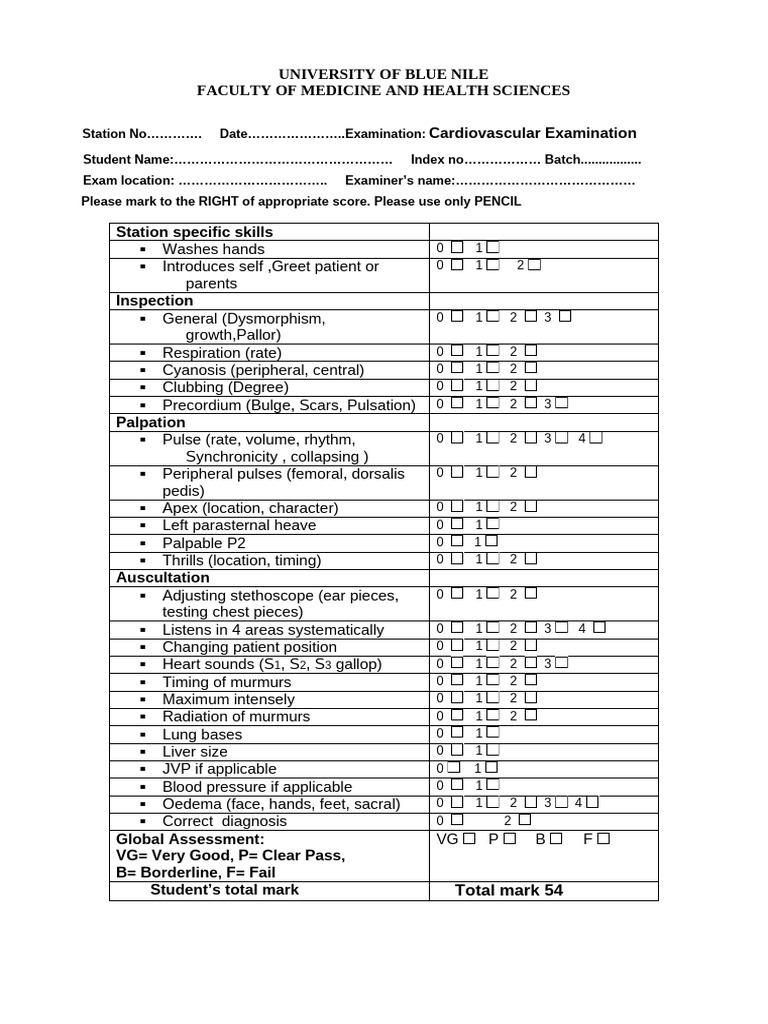 Cardiovascular Examination Checklist | PDF | Pulse | Medical Specialties