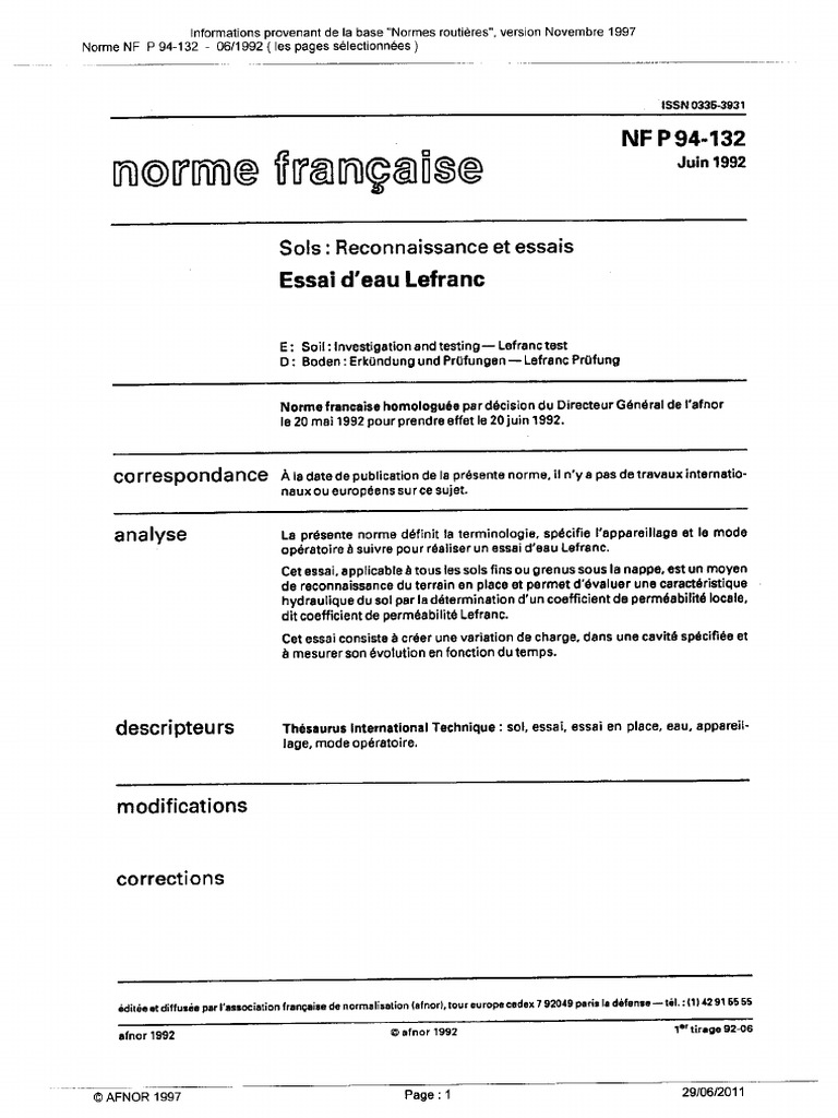 Lefranc NF P 94 132 Permeabilite in Situ | PDF
