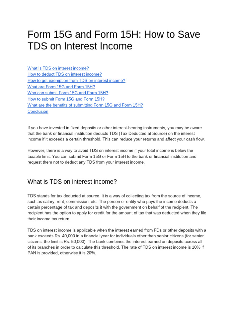 Form 15G and Form 15H_ How to Save TDS on Interest Income | PDF | Tax ...