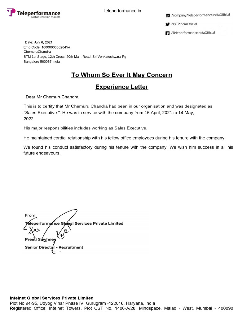 Teleperformance Experience Letter for Chemuru Chandra | PDF