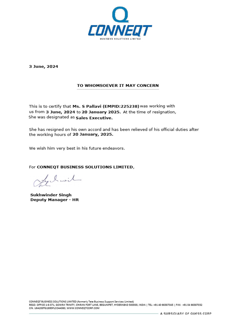 Conneqt Experience Letter | PDF
