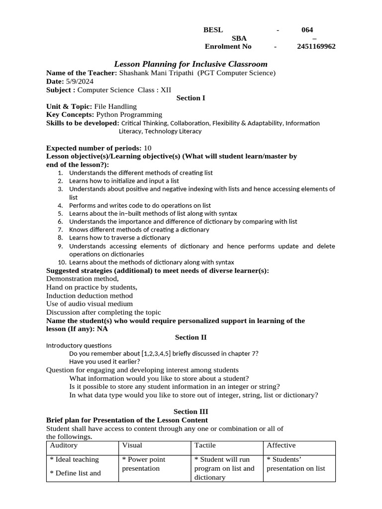 064 - LessonPlan - List - Dictionaries 2 | PDF | Learning | Python (Programming Language)