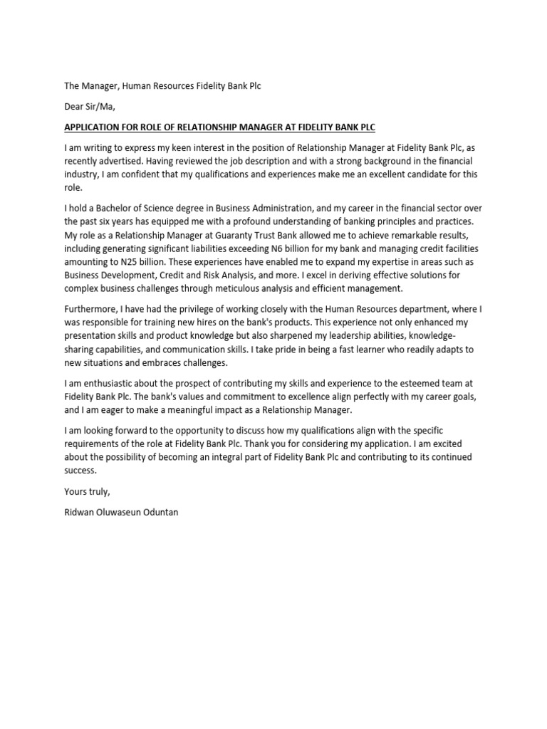 Ridwan Cover Letter For Fidelity Bank | PDF