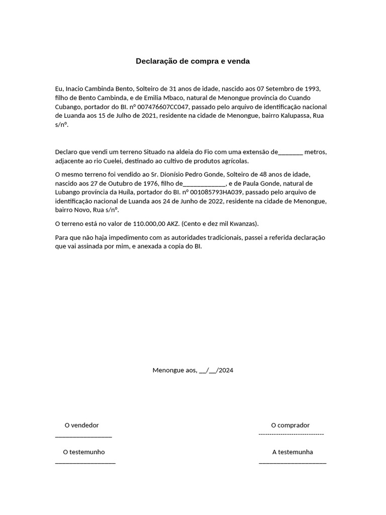 Declaração de Compra e Venda | PDF