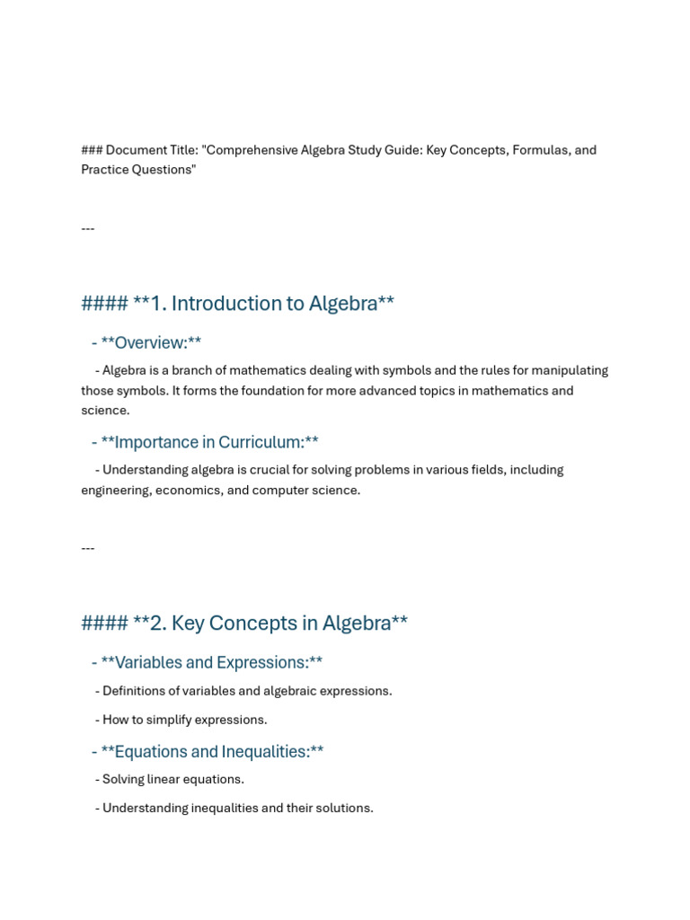 Algebra Study Guide: Key Concepts | PDF | Polynomial | Algebra