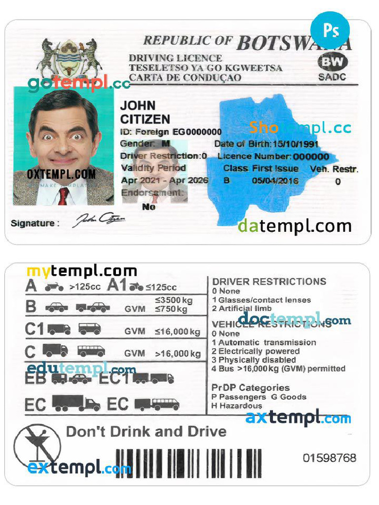 BOTSWANA driver’s permit template in PSD format, with all fonts | PDF