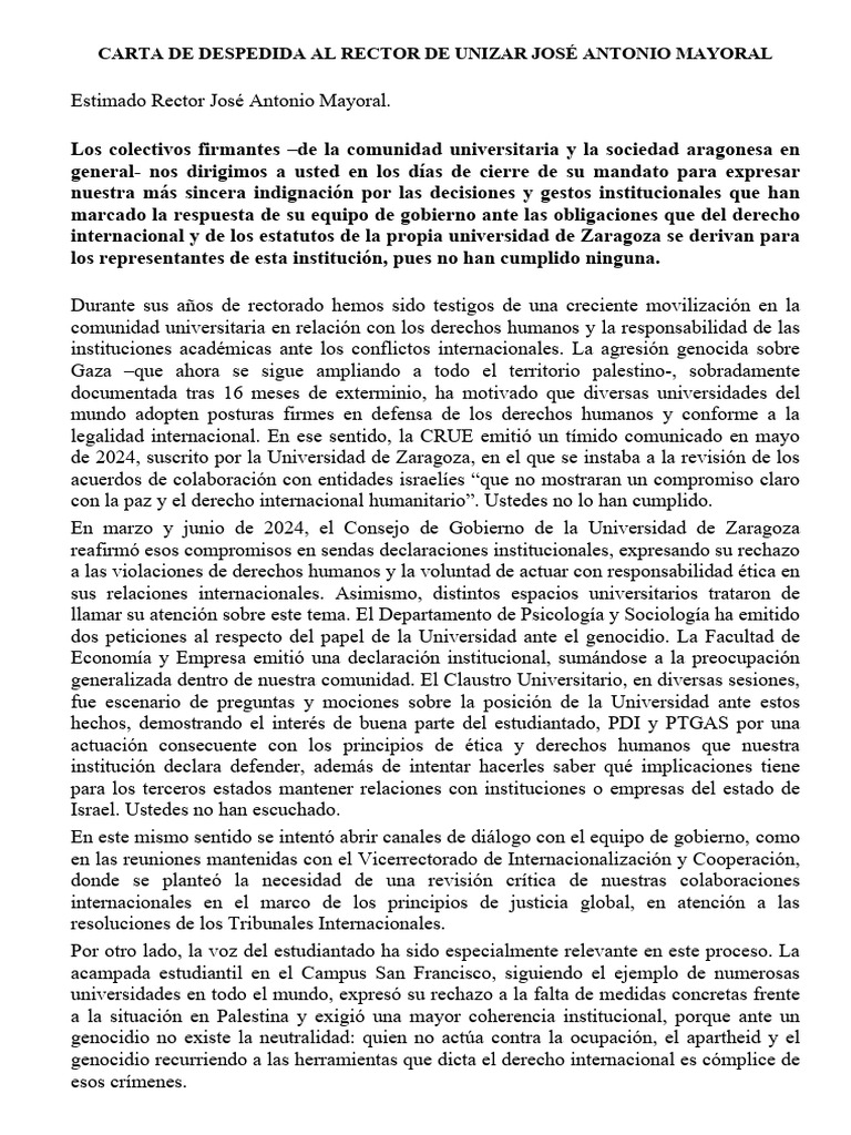 Carta de Despedida Al Rector - Final | PDF | Derechos humanos | Israel