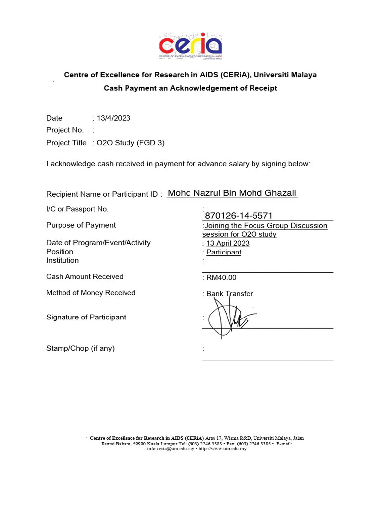 Ceria.AcknowledgeReceiptCash.O2O Study (FGD3)(Naz) | PDF