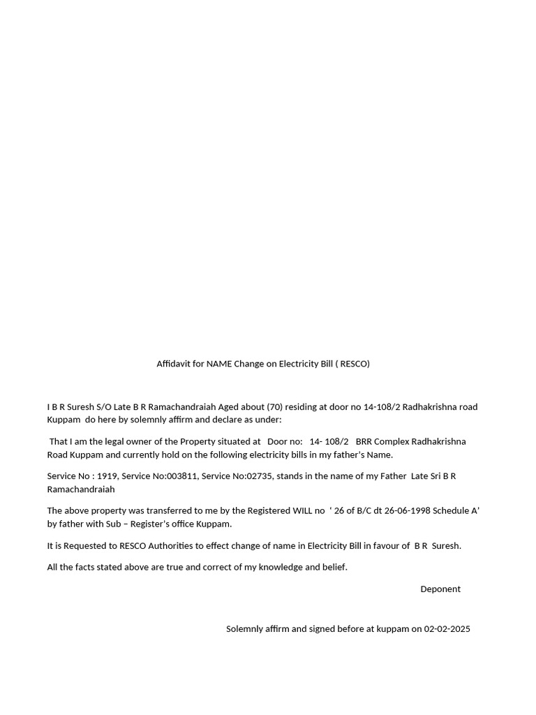 Affidavit For NAME Change On Electricity Bill BRR - 1 | PDF