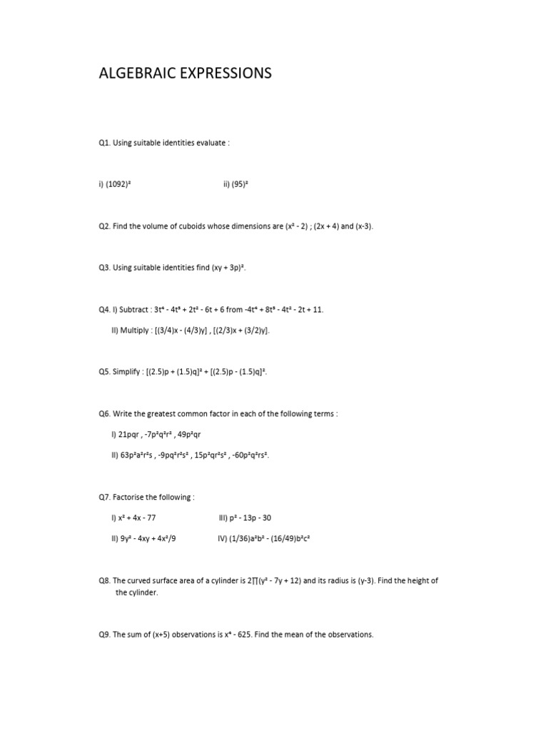 Algebraic Expressions | PDF