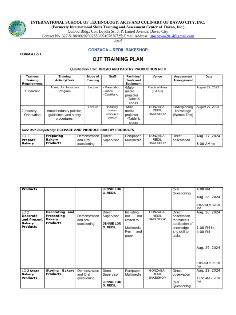 ALOJADO 02 OJT Training Plan | PDF | Bakery | Behavior Modification